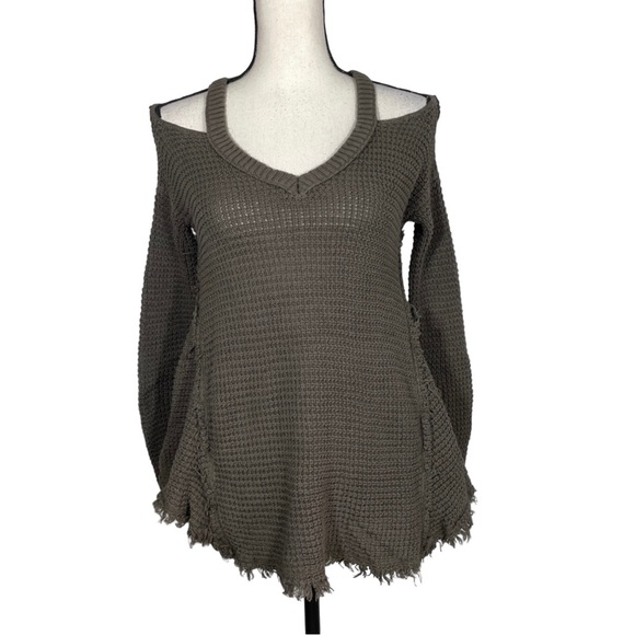 Elan | Sweaters | Elan Brown V Neck Ribbed Knit Cut Out Asymmetrical ...